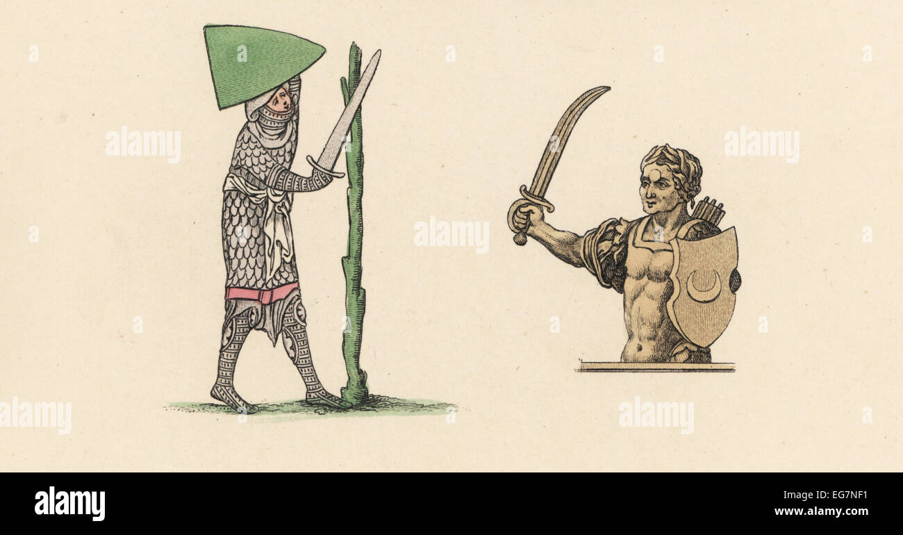 Soldier in armour with shield and sword attacking a pel quintain, and a ...