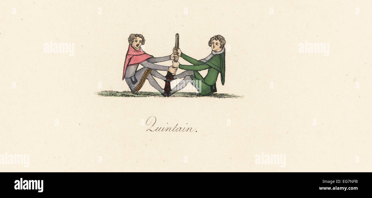 Quintain exercises, 14th century. Two men with their feet together ...