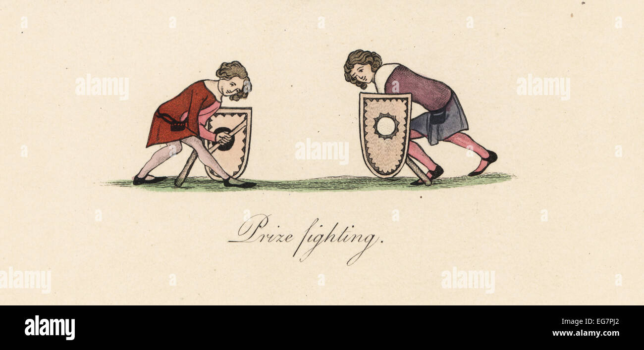 Two fencing students fighting a mock duel with bucklers and cudgels ...