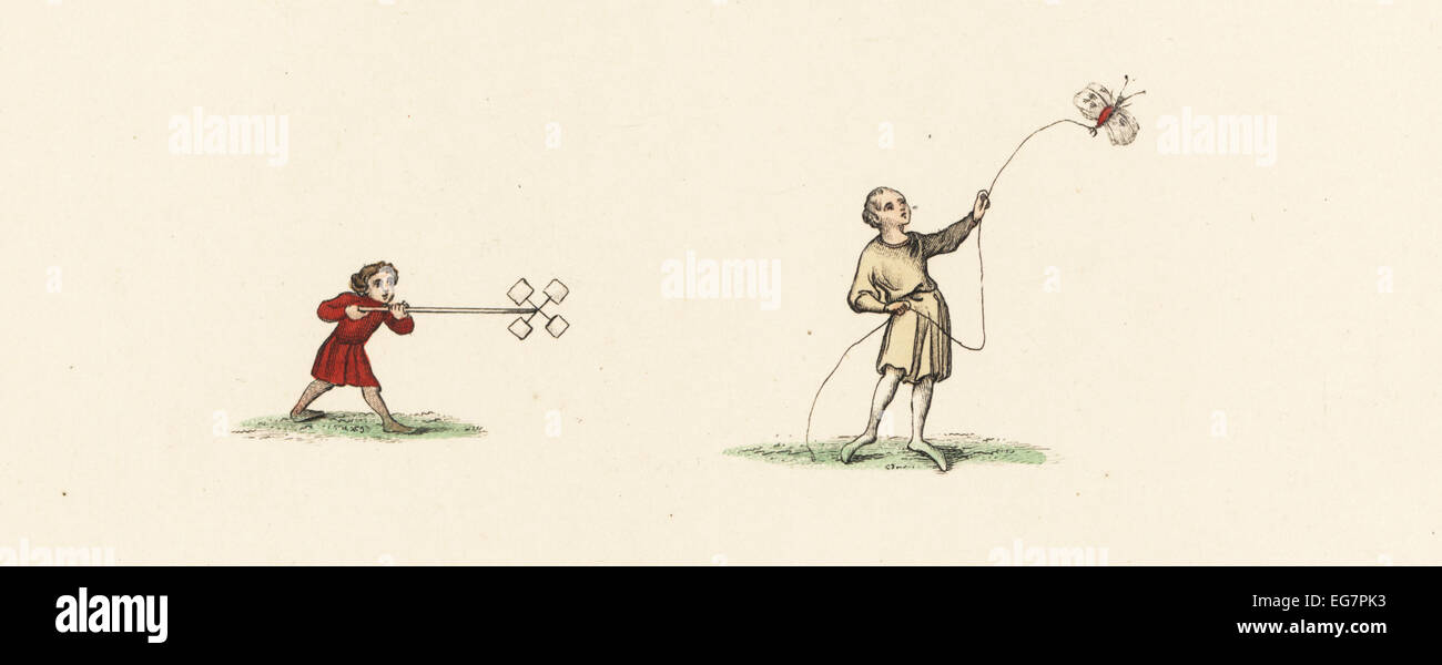 Medieval children's games: boy with paper windmill, 13th century, and ...