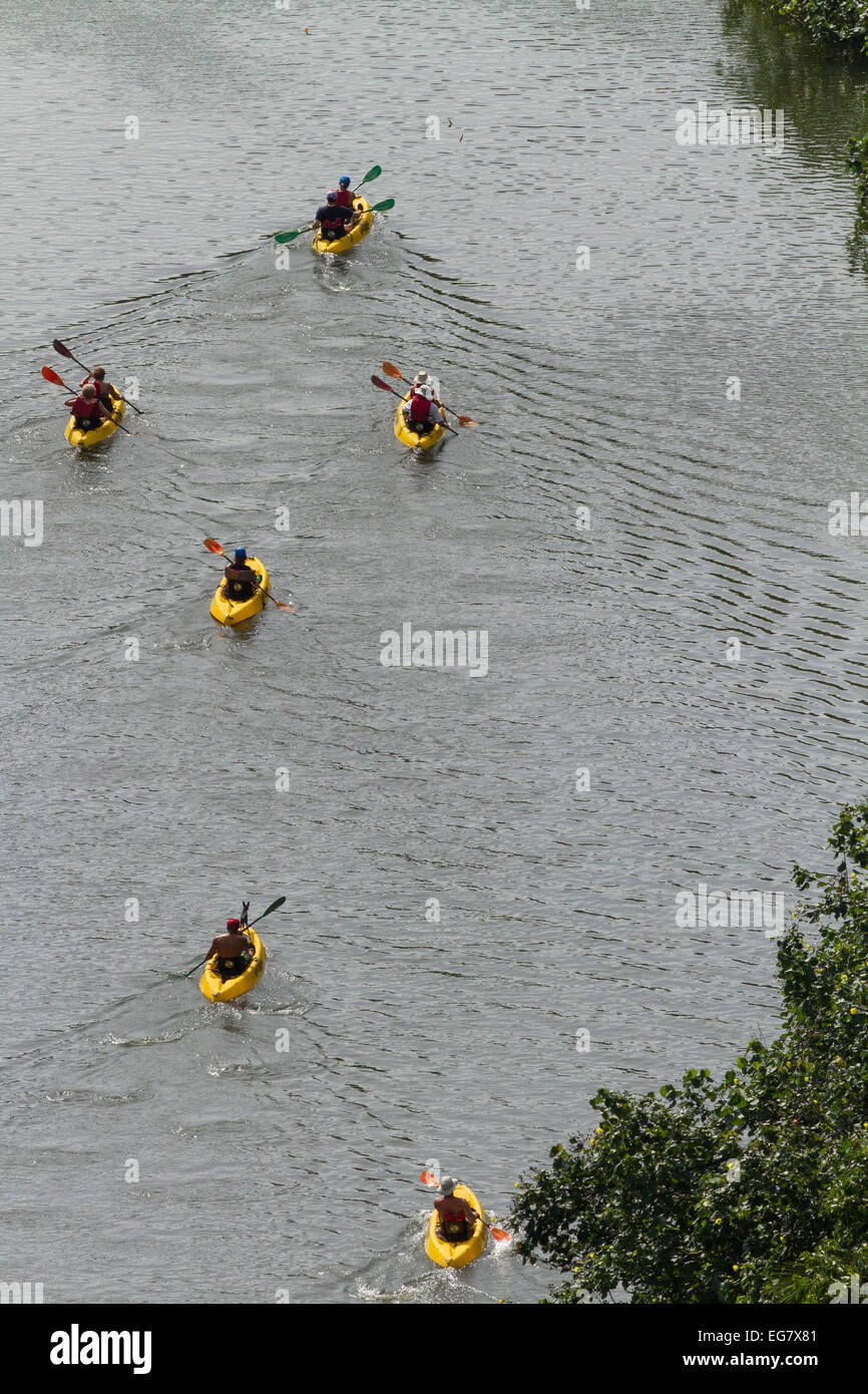 View from above on kayakers swimming along the river Stock Photo - Alamy