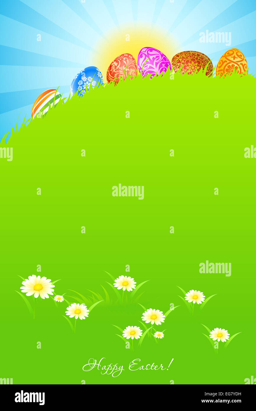 Green Landscape Background with Easter Eggs, Flowers, Sun and Clouds ...