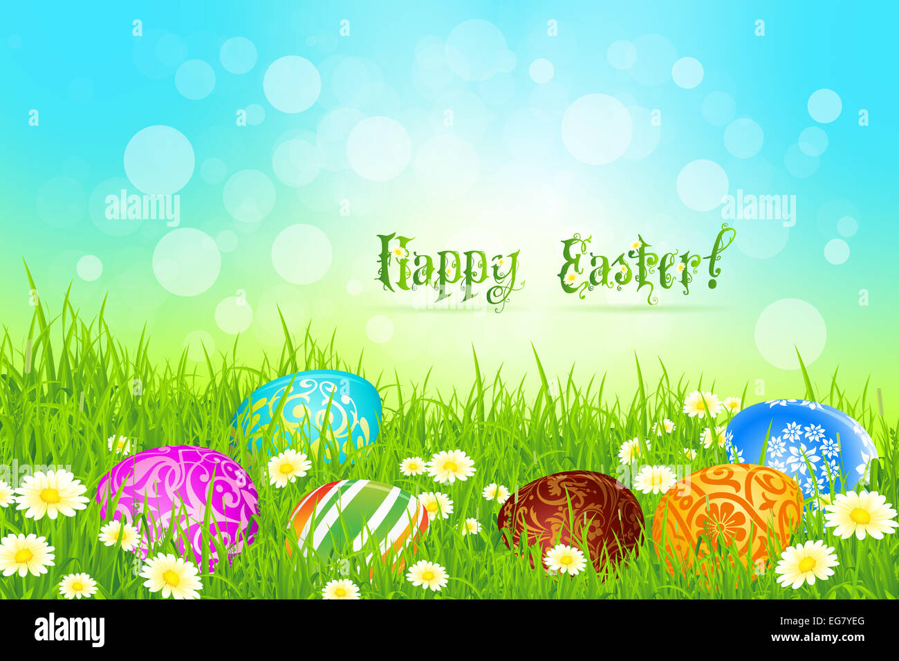 Beautiful Easter Background with Grass Flowers and Eggs Stock Photo - Alamy