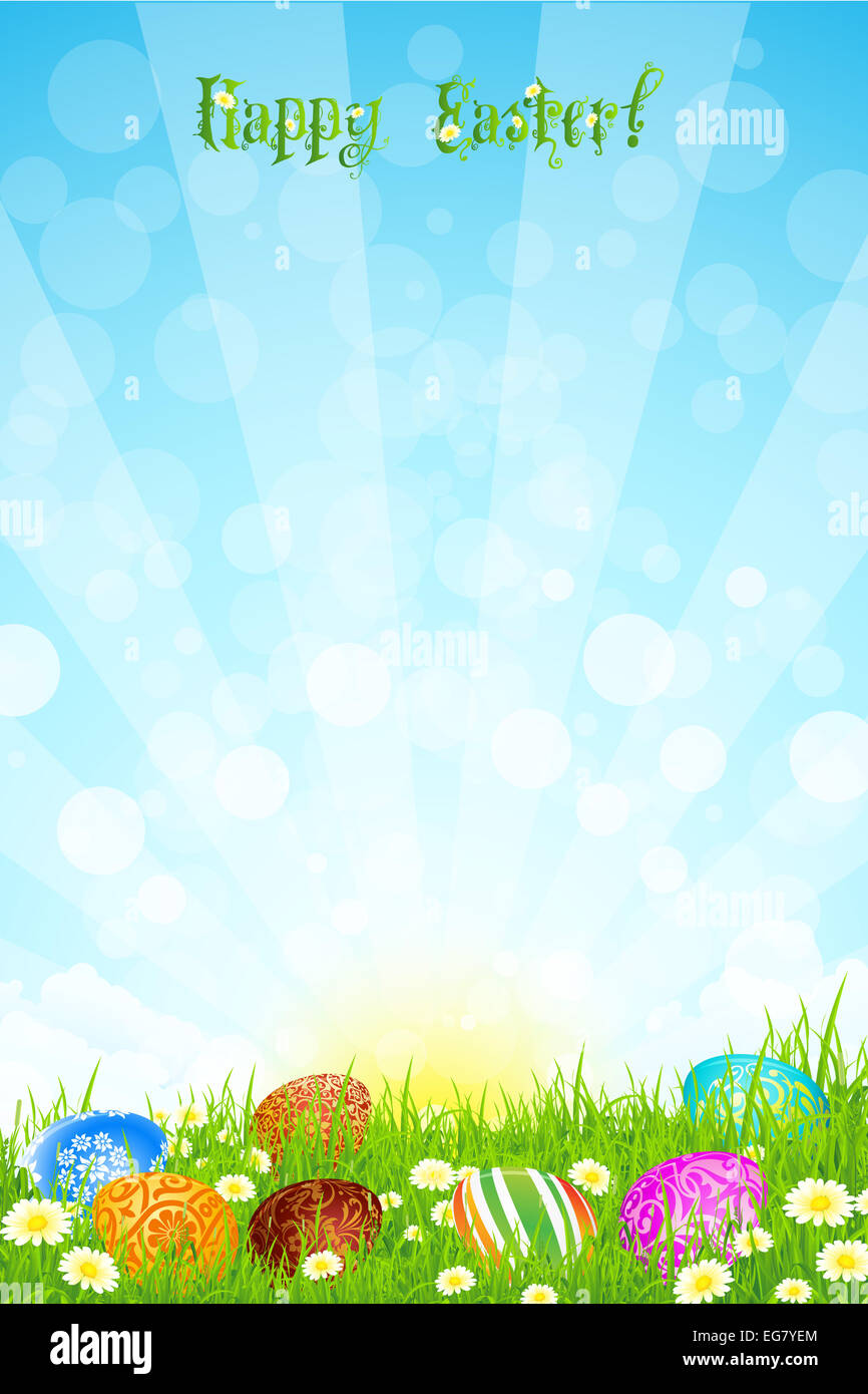 Beautiful Easter Background with Grass Flowers and Eggs Stock Photo - Alamy