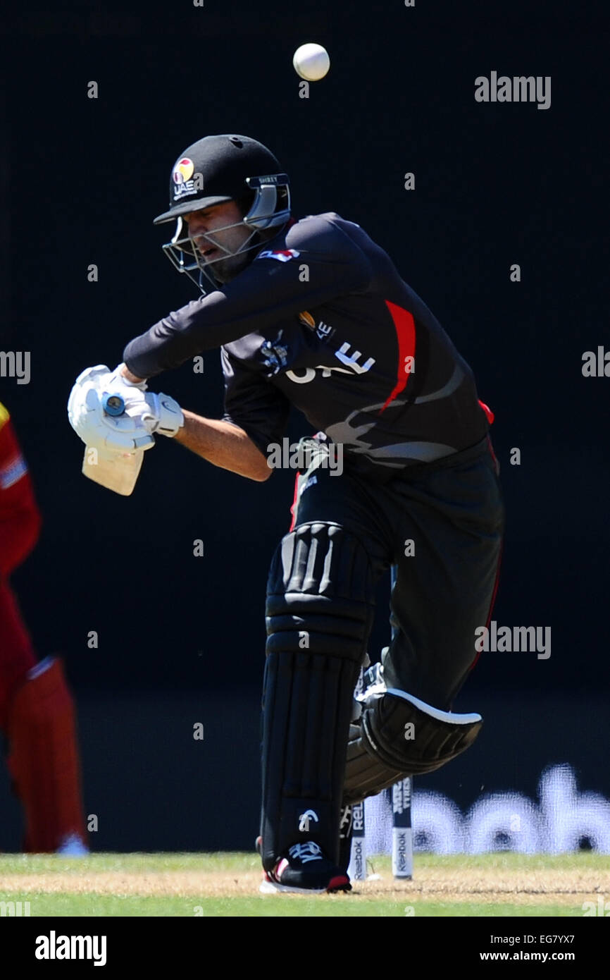 Nelson, New Zealand. 19th Feb, 2015. Rohan Mustafa from the UAE ducks a ...