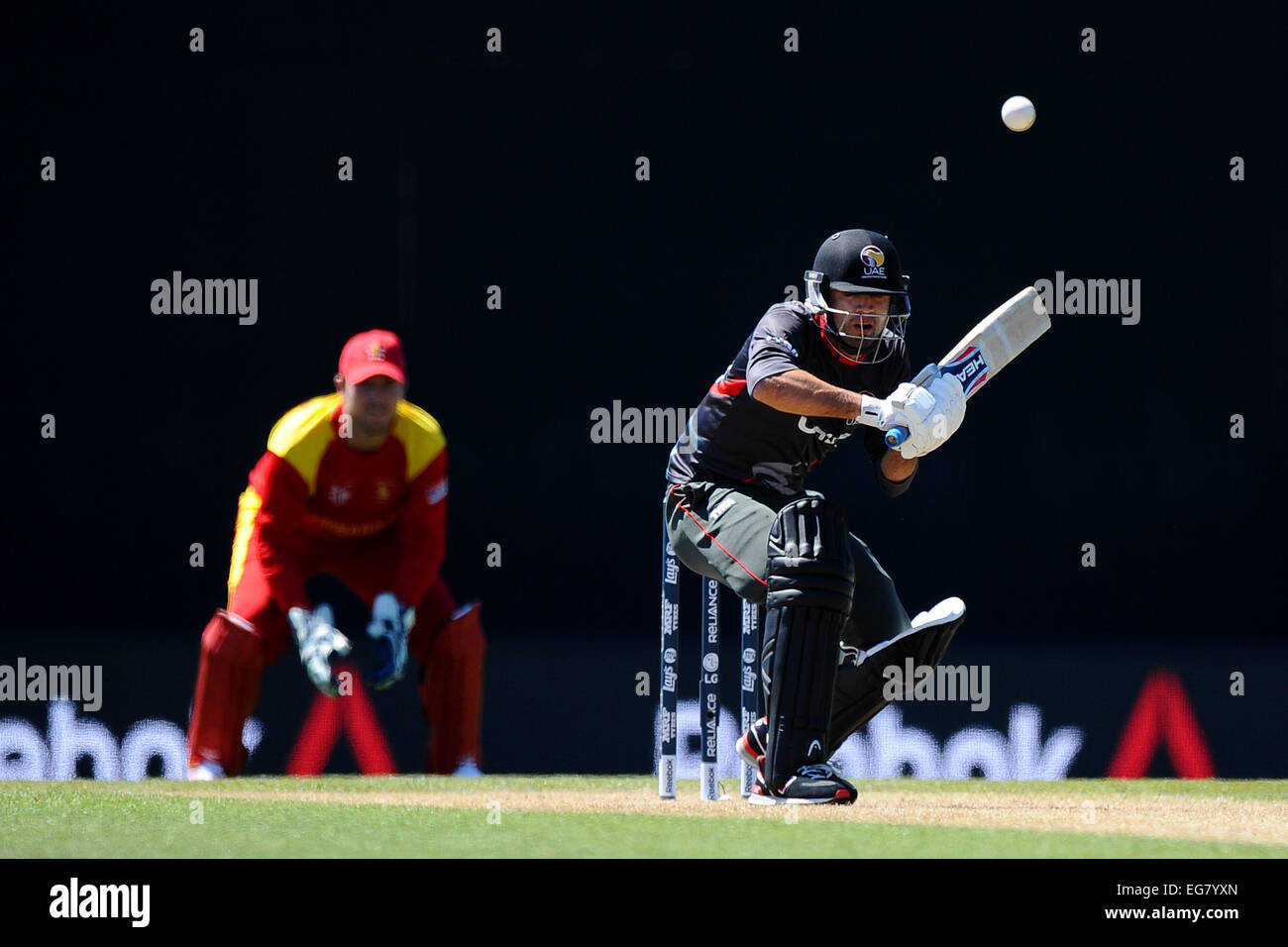 Nelson, New Zealand. 19th Feb, 2015. Rohan Mustafa from the UAE ducks a ...