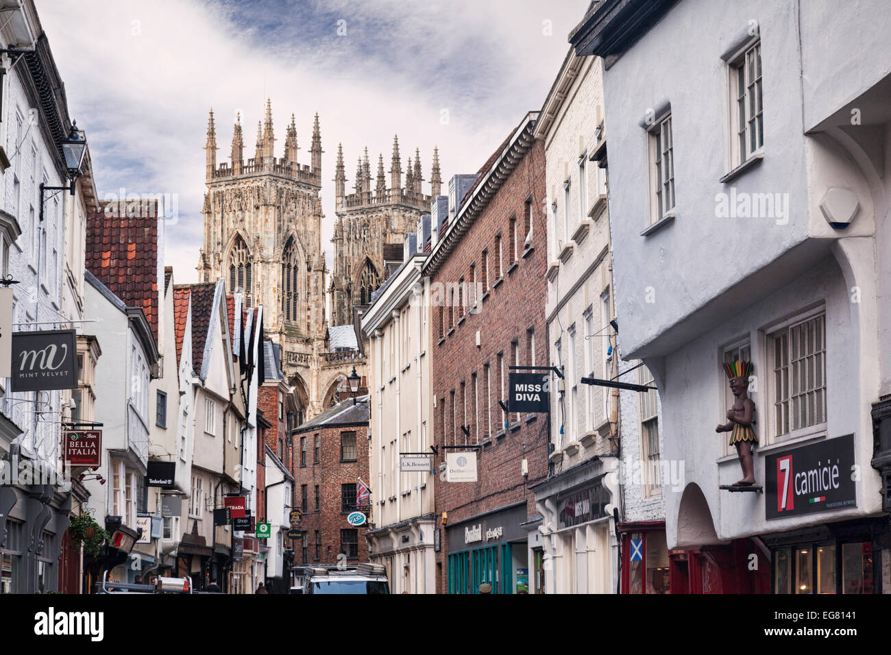 The City of York in winter, a view along Low Petergate, with its many ...