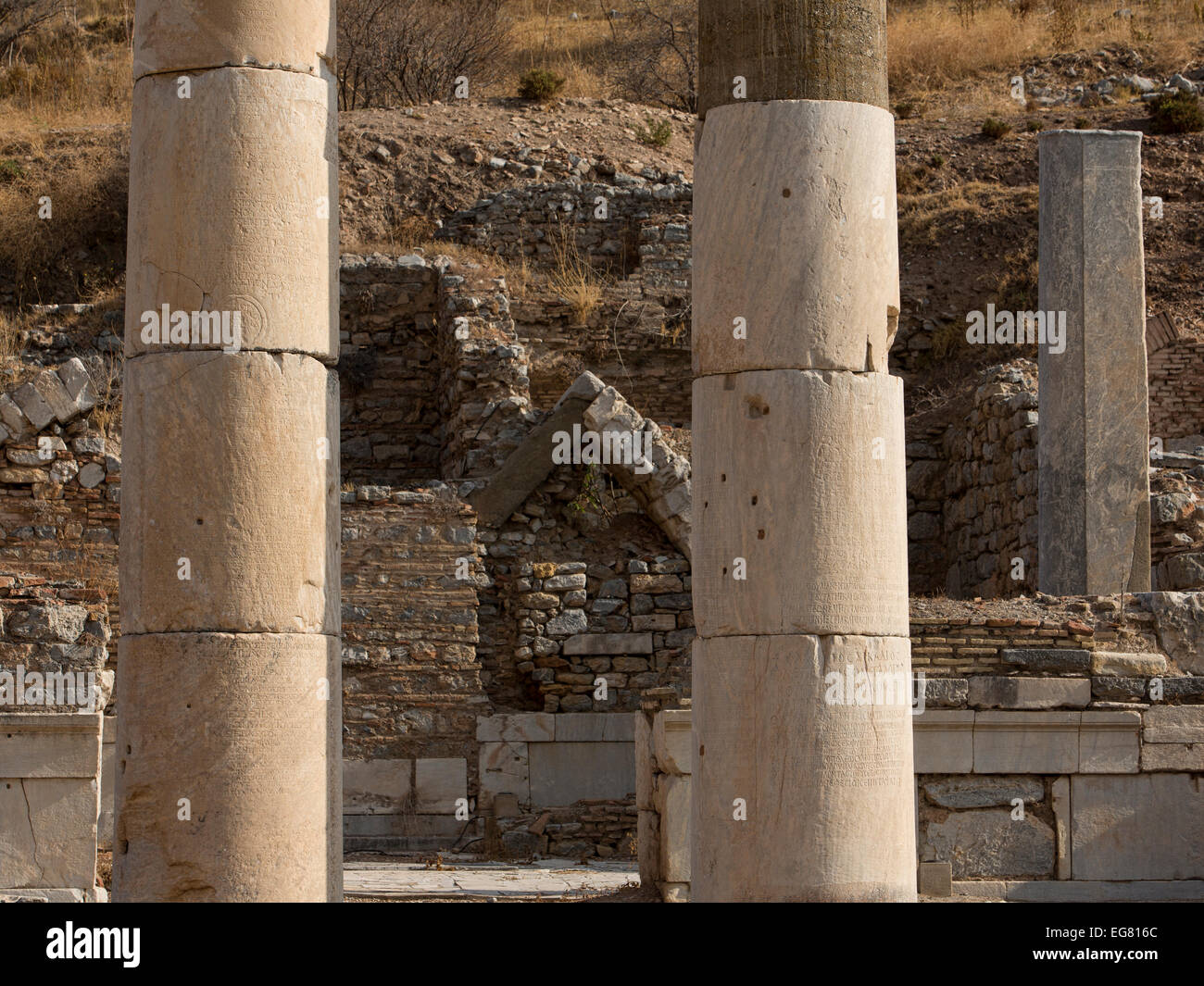 Ancient Ephesus, ruins columns with Greek writing Stock Photo - Alamy