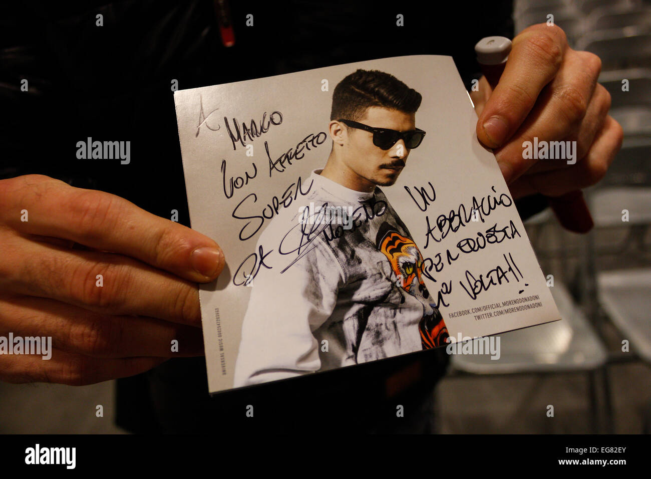 The autograph of Moreno on his latest album titled "Incredibile". The ...