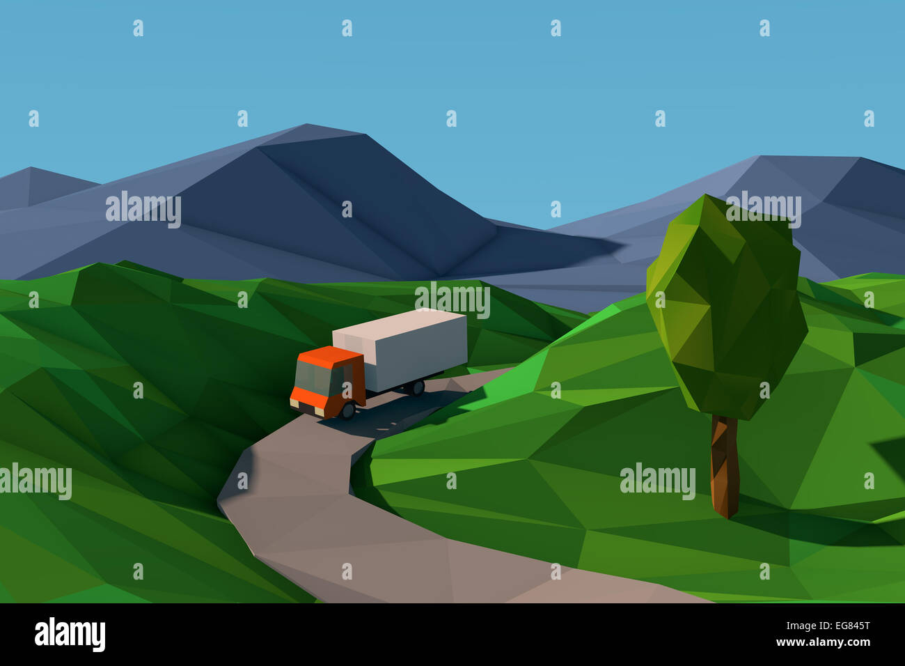 3d low poly cartoon style landscape with truck on the road Stock Photo ...