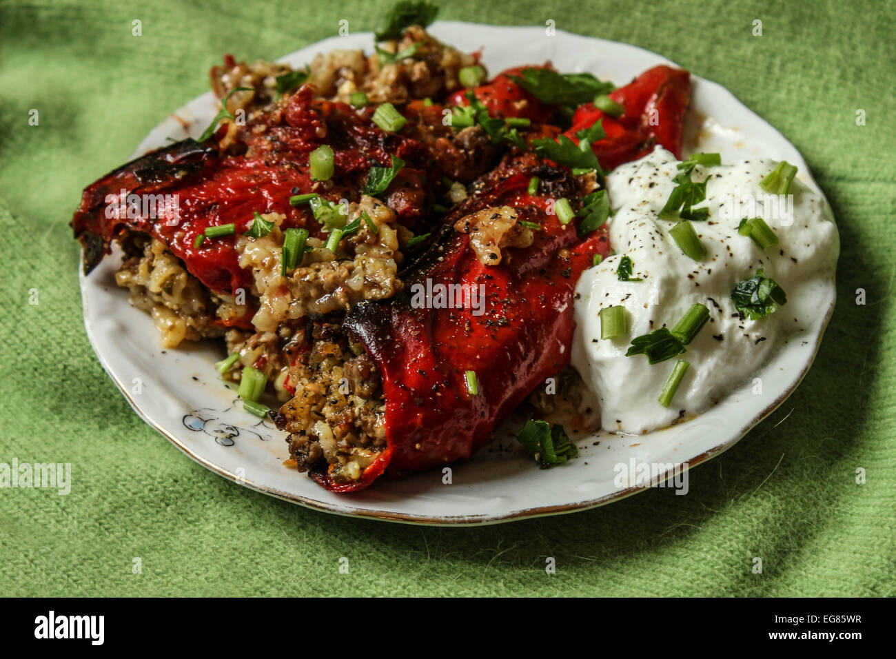 Food - stuffed peppers with rice and minced meat - green background ...