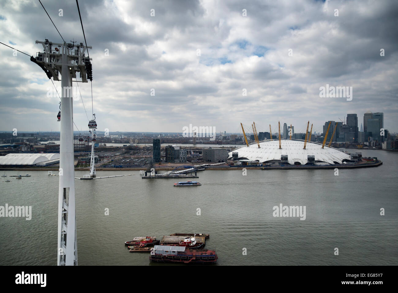 Aerial view of Canary Wharf, O2 Dome and Greenwich Peninsula from ...
