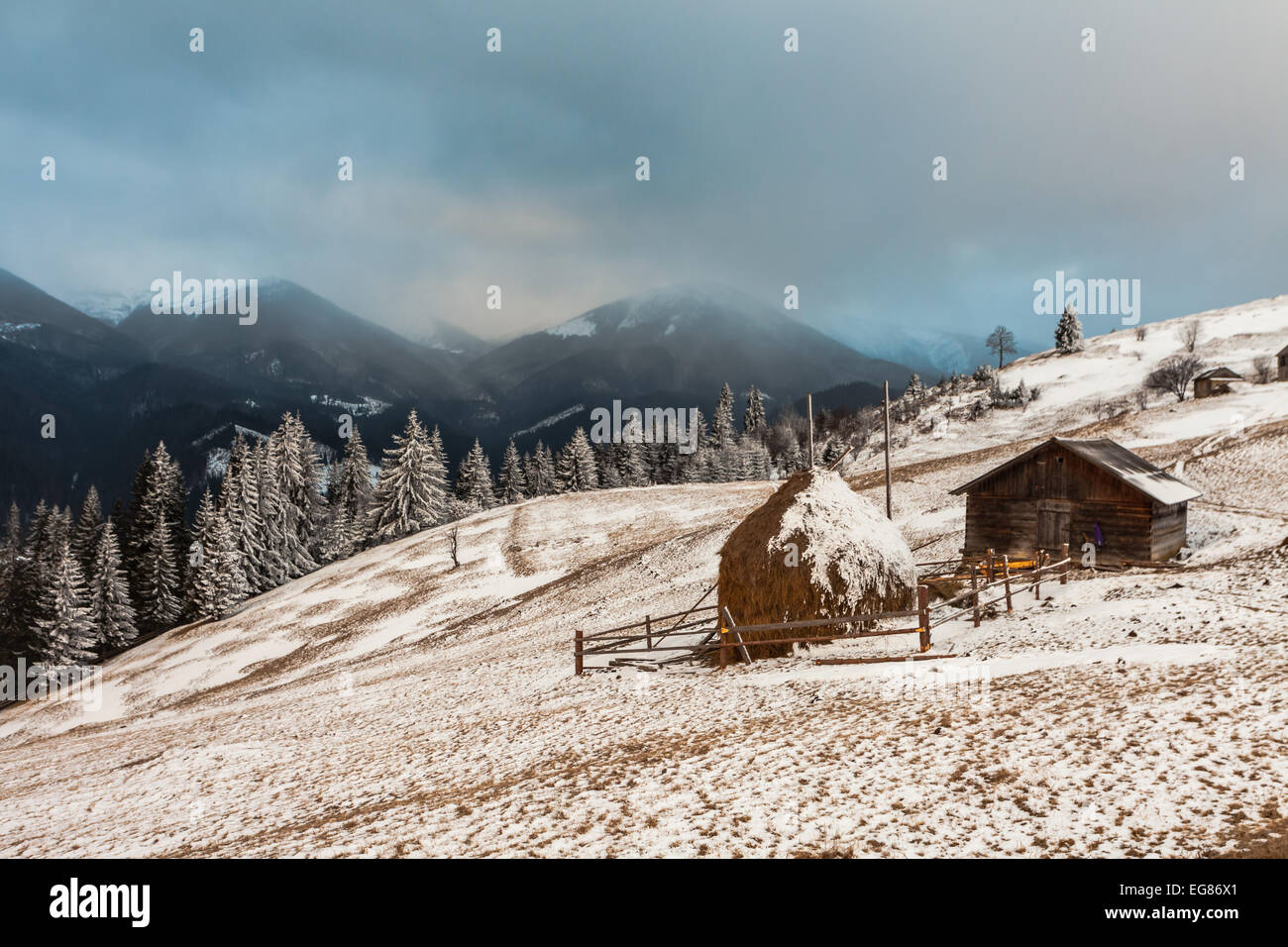 Hut in the snow. background with snowy landscape. Ukraine Stock Photo ...