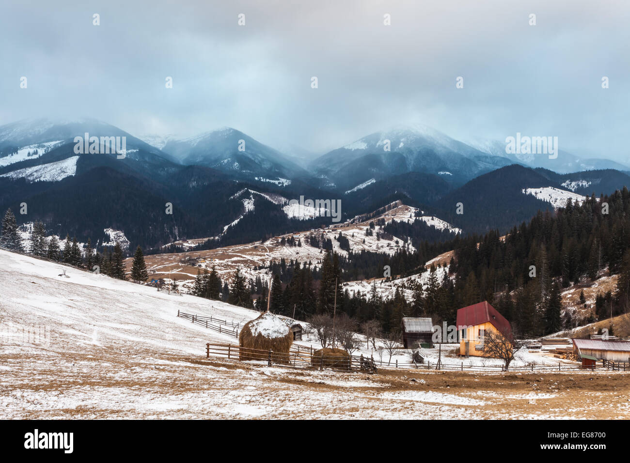 Hut in the snow. background with snowy landscape. Ukraine Stock Photo ...