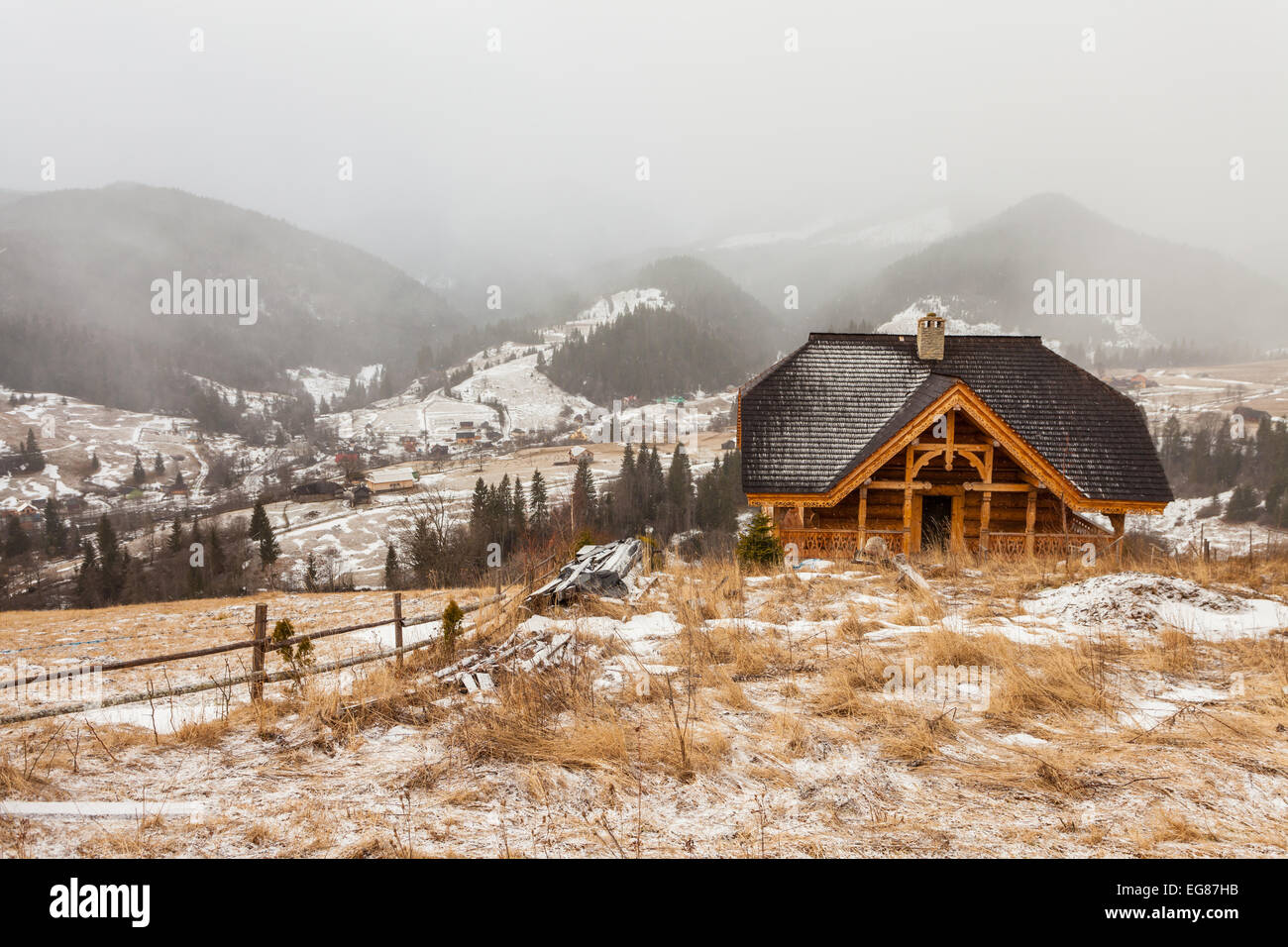 Hut in the snow. background with snowy landscape. Ukraine Stock Photo ...
