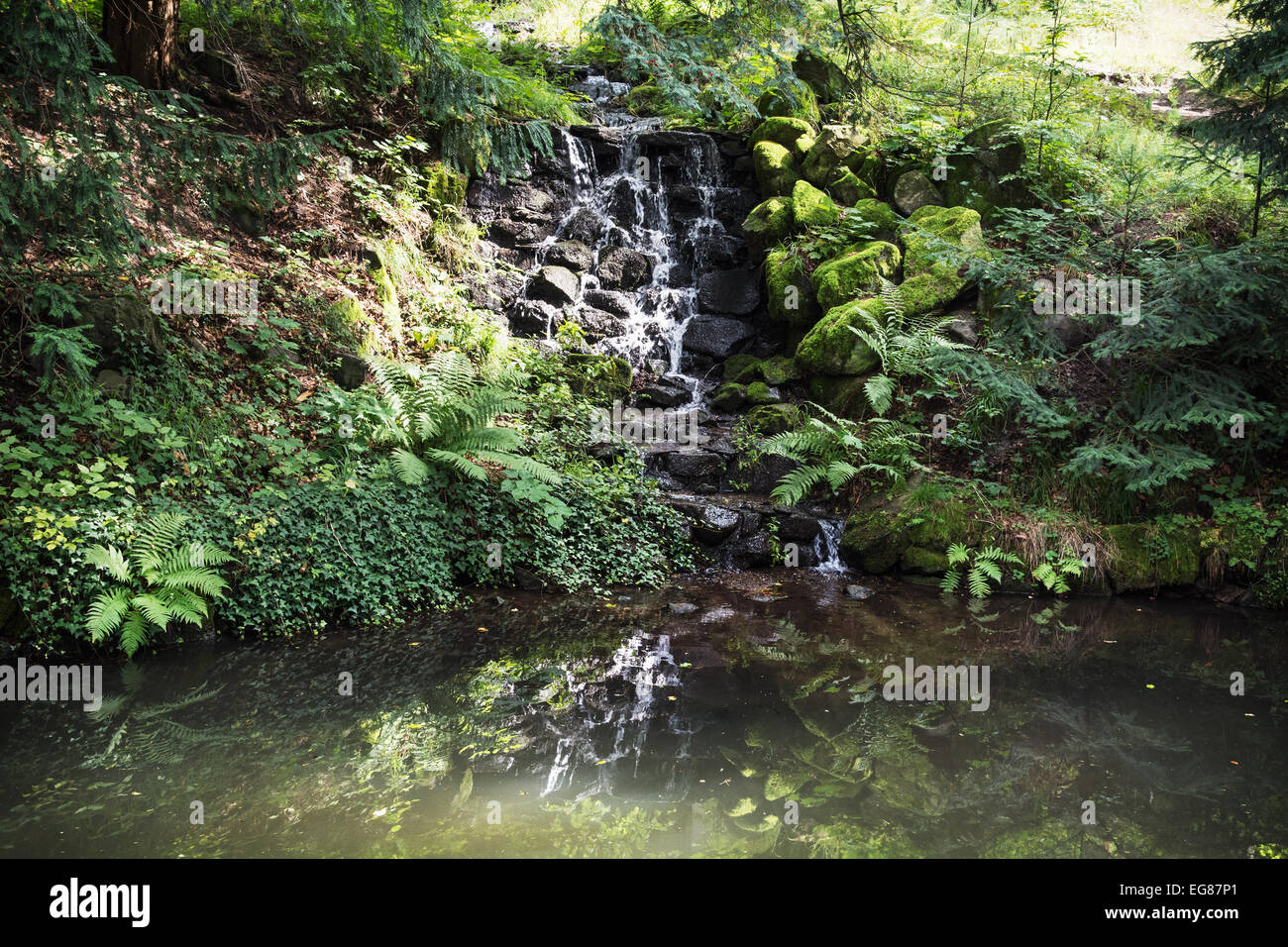 Waterfall with reflection in lake. Natural background Stock Photo - Alamy