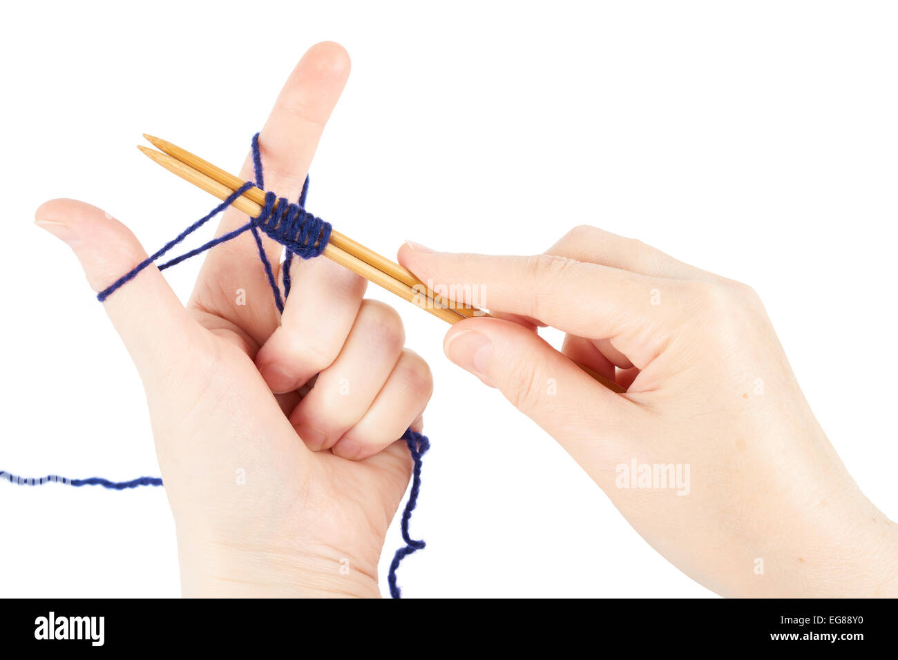 A pair of women's hands knitting. Isolated on white Stock Photo - Alamy