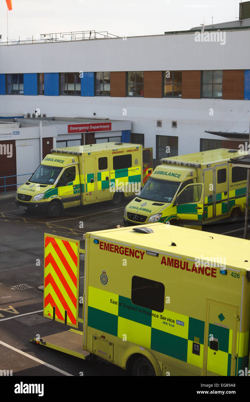 Ambulances parked outside Colchester NHS hospital, Essex, England Stock ...