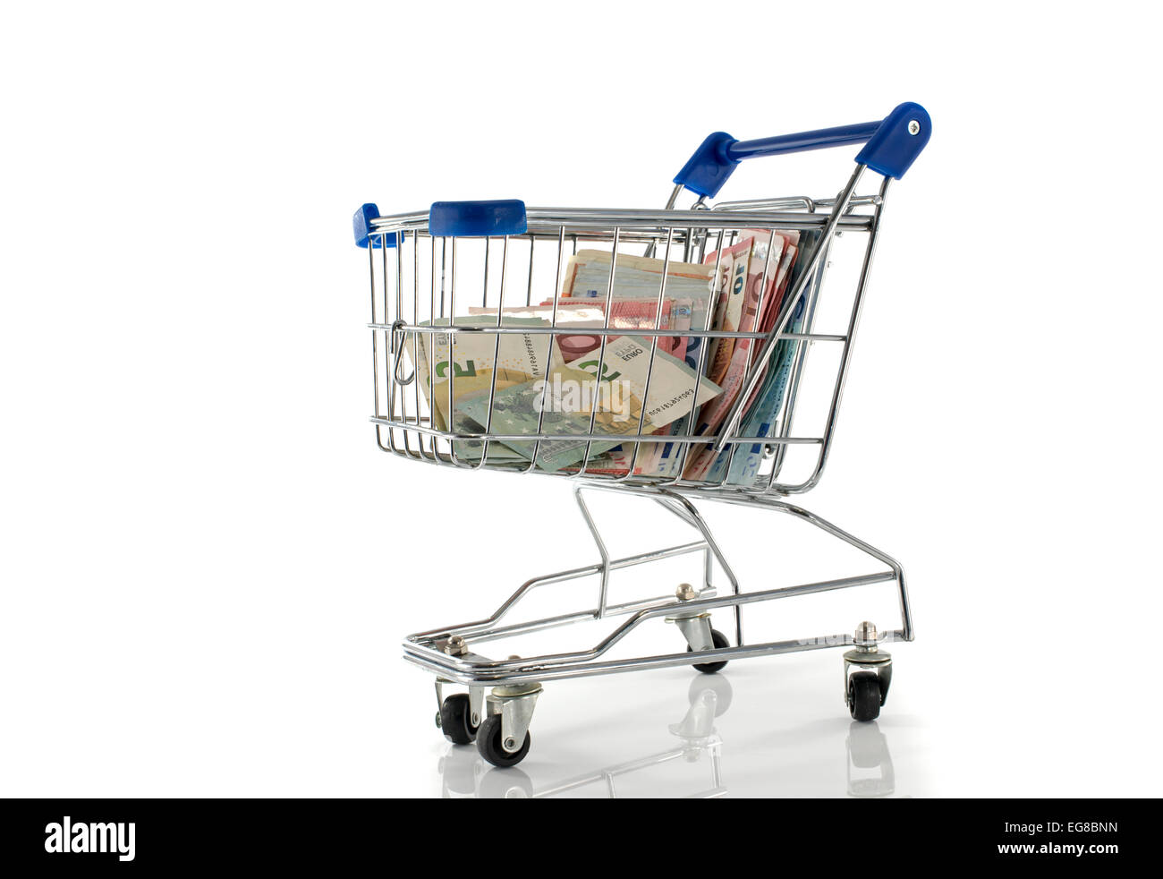 blue metal shopping car filled with euro money paper Stock Photo - Alamy