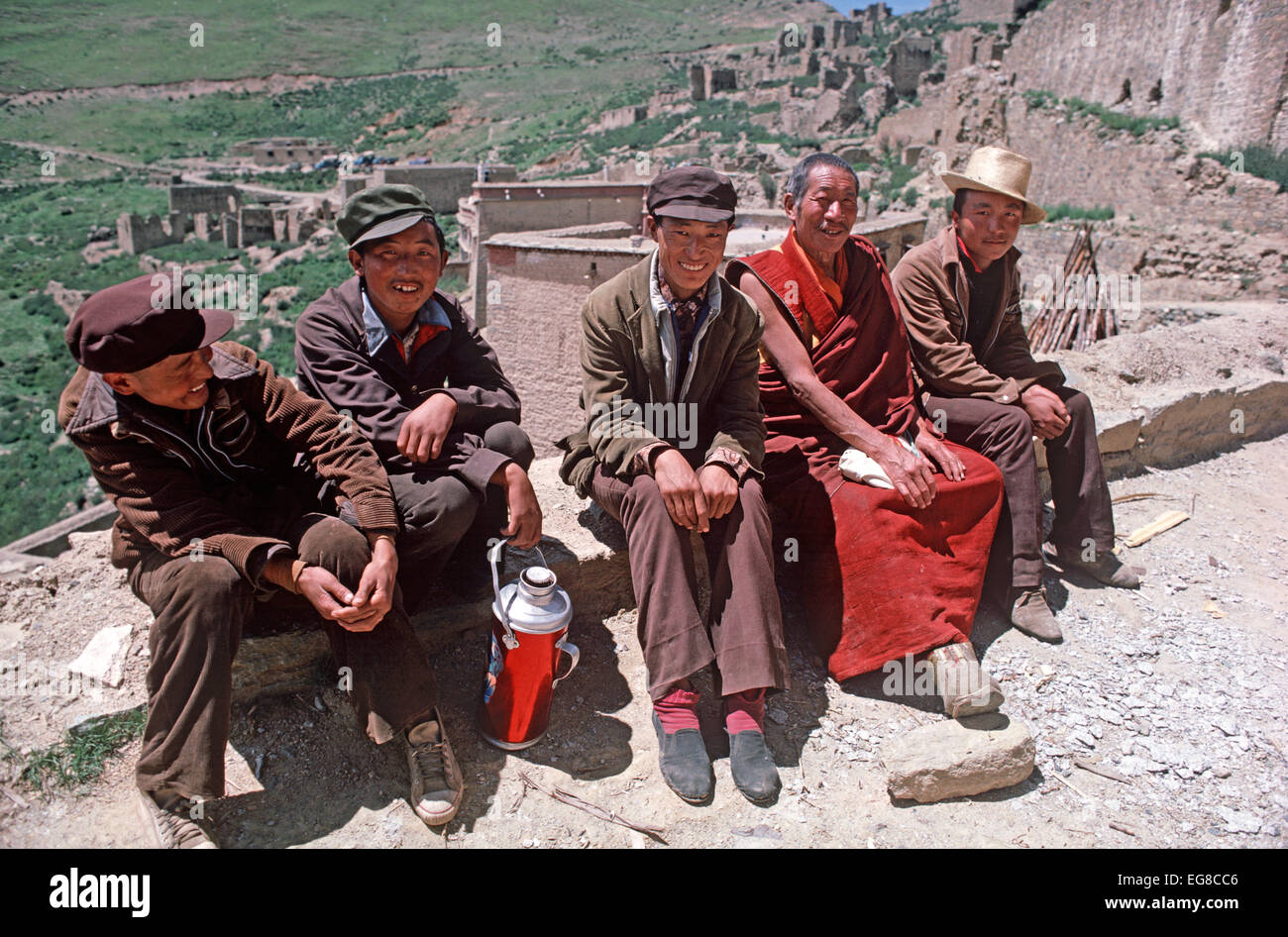 Buddhist monk and pilgrims, Ganden Monastery destroyed by the Red ...