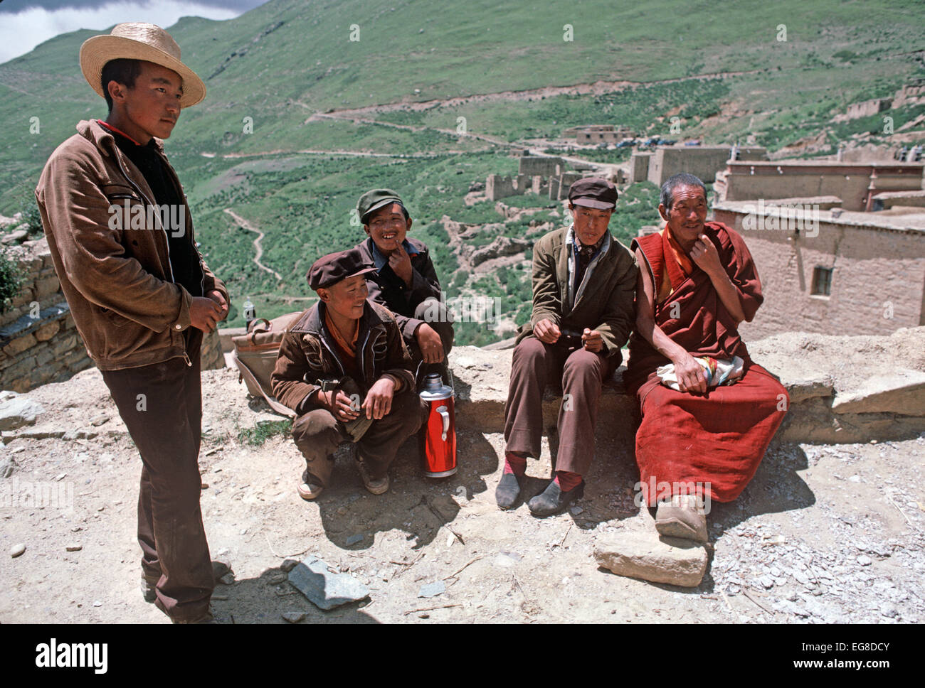 Buddhist monk and pilgrims, Ganden Monastery destroyed by the Red ...