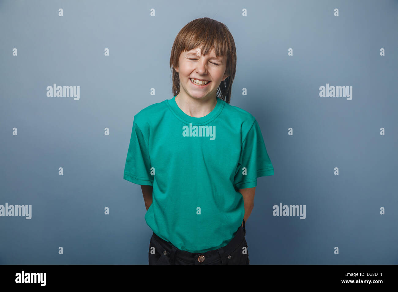 European-looking boy of ten years of laughter, a smile, a joke o Stock ...