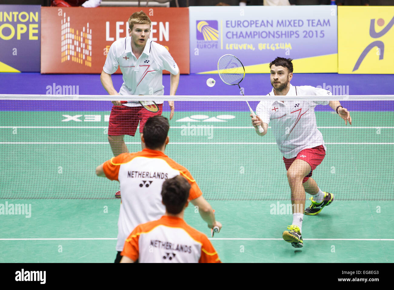 LEUVEN, BELGIUM, 13/02/2015. Badminton players Marcus Ellis (white and ...