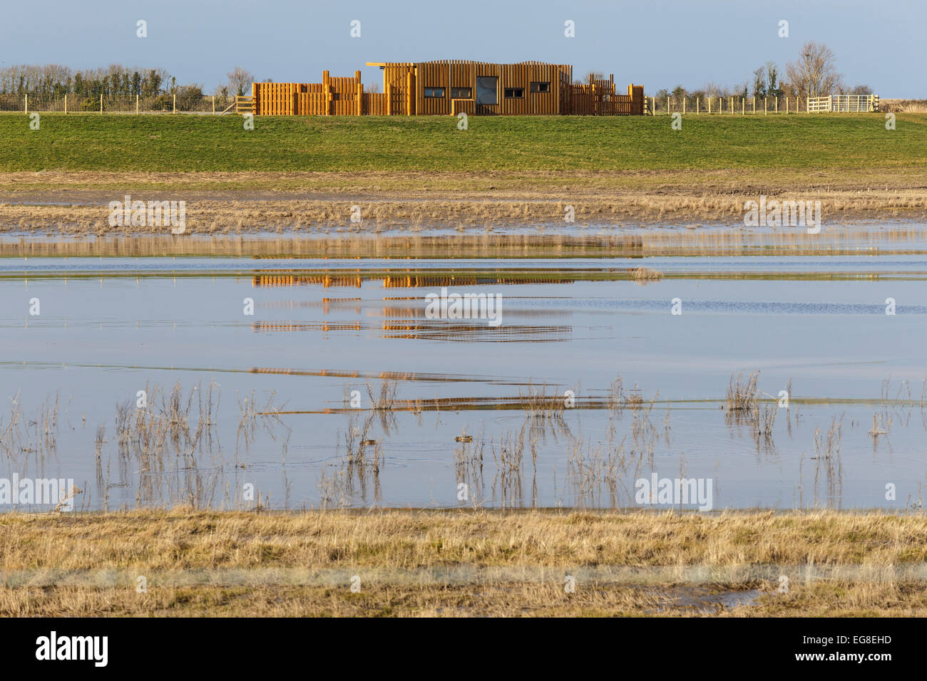 Polden bird hide at Steart Marshes, Somerset Stock Photo - Alamy