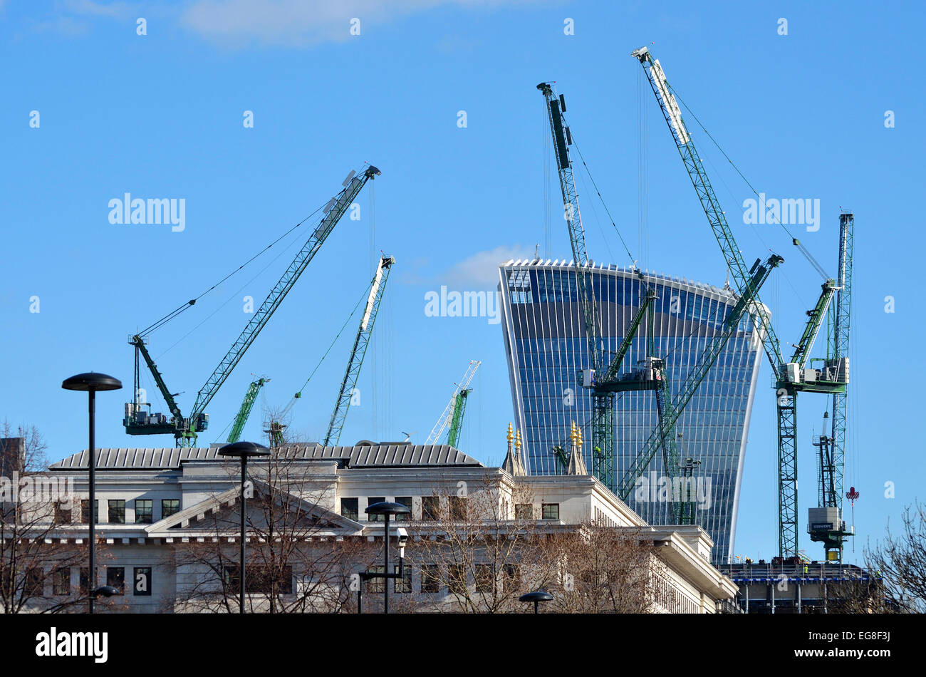 London, England, UK. Construction cranes over the City of London Stock ...