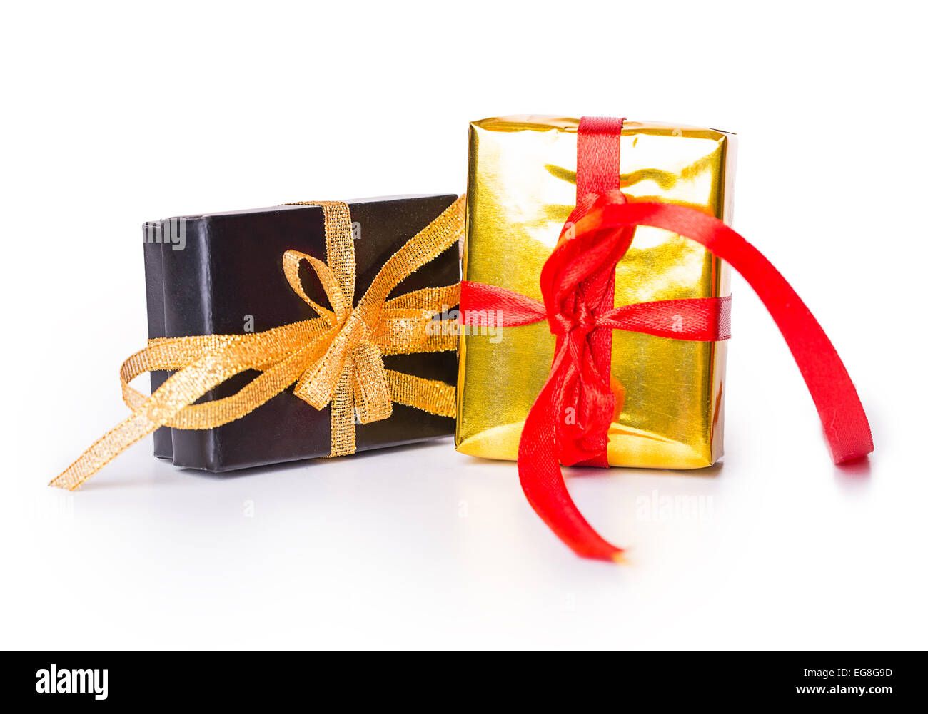 Two gift box bow red yellow black Isolated on white background Stock ...