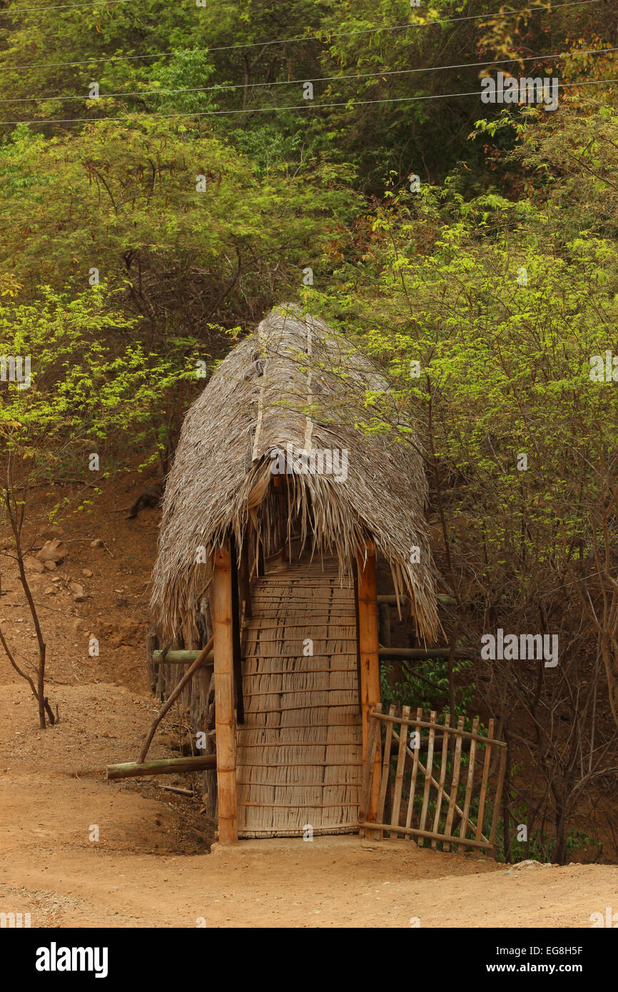 A bamboo bridge with a thatch roof over a gorge in Agua Blanca, Ecuador ...