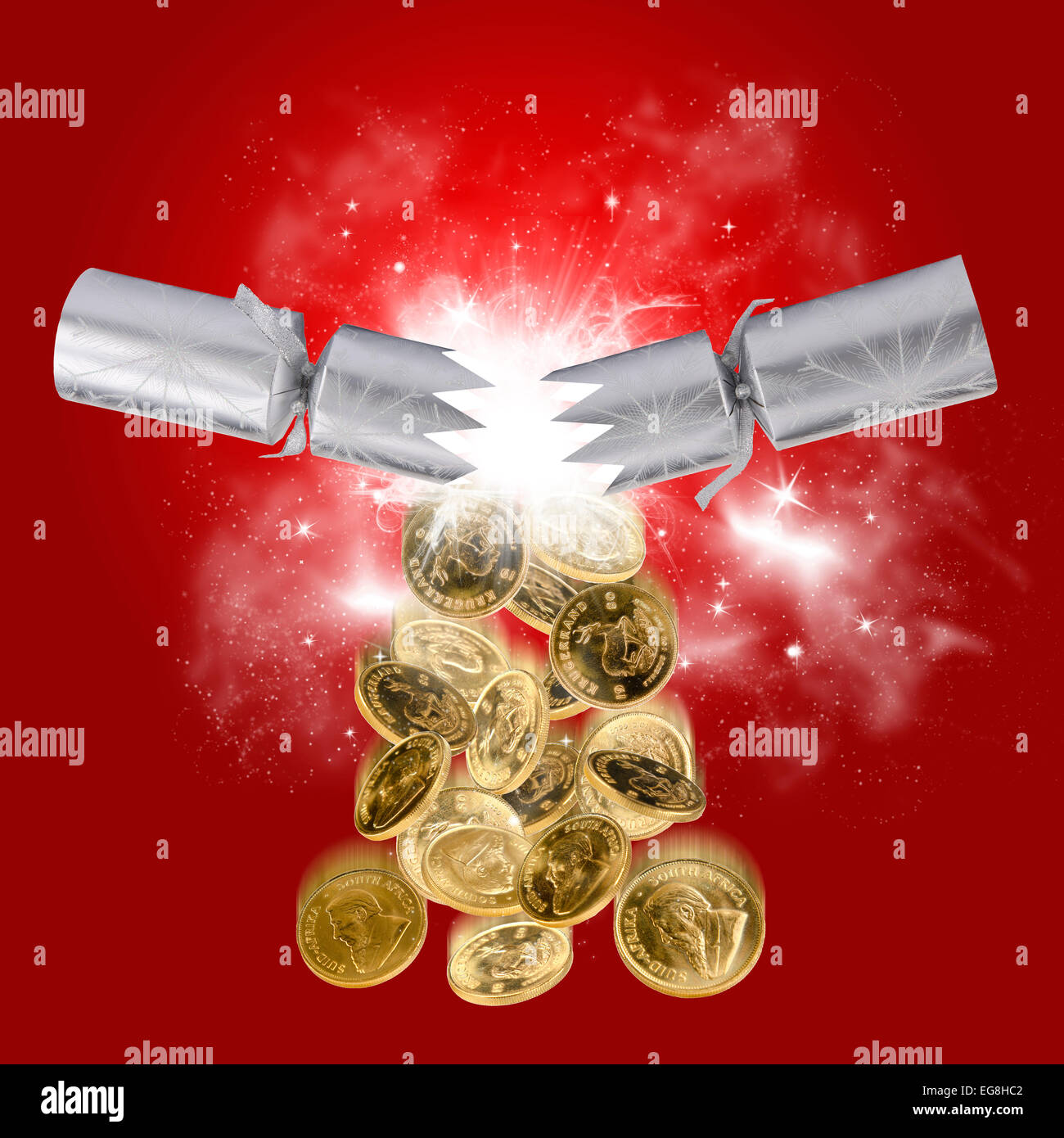 concept image of gold Krugerrand coins falling from a Christmas cracker ...