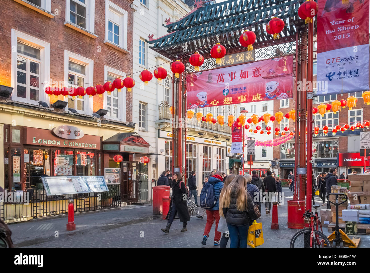 Gerrard Street, London Chinatown, 2015 new year banners and decorations ...