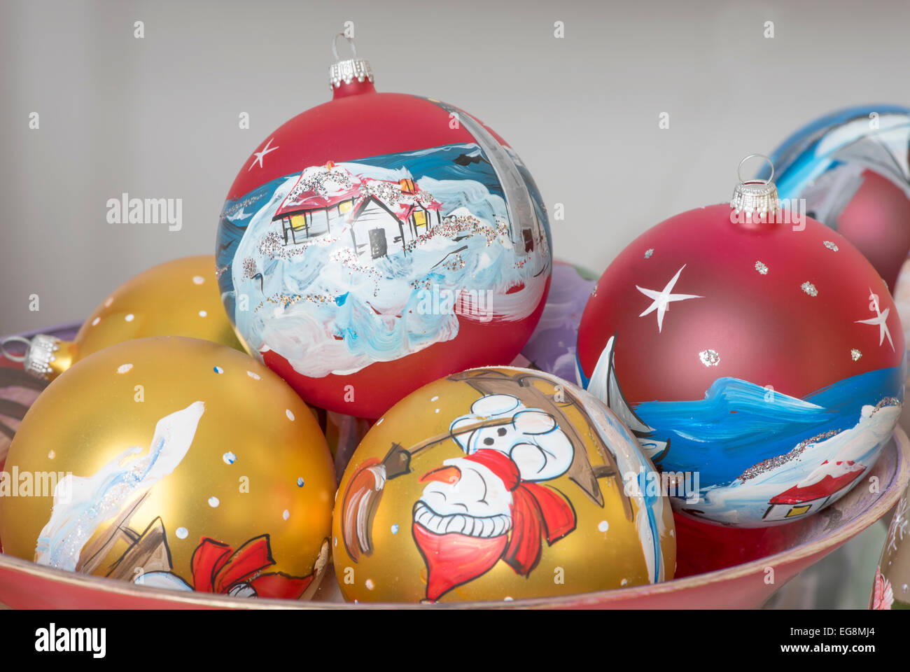 Decorative christmas balls hand painted with winter scene Stock Photo ...