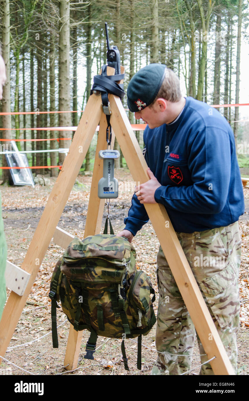 Bangor, Northern Ireland. 18 Feb 2015 - A soldier weighs a bergen in ...