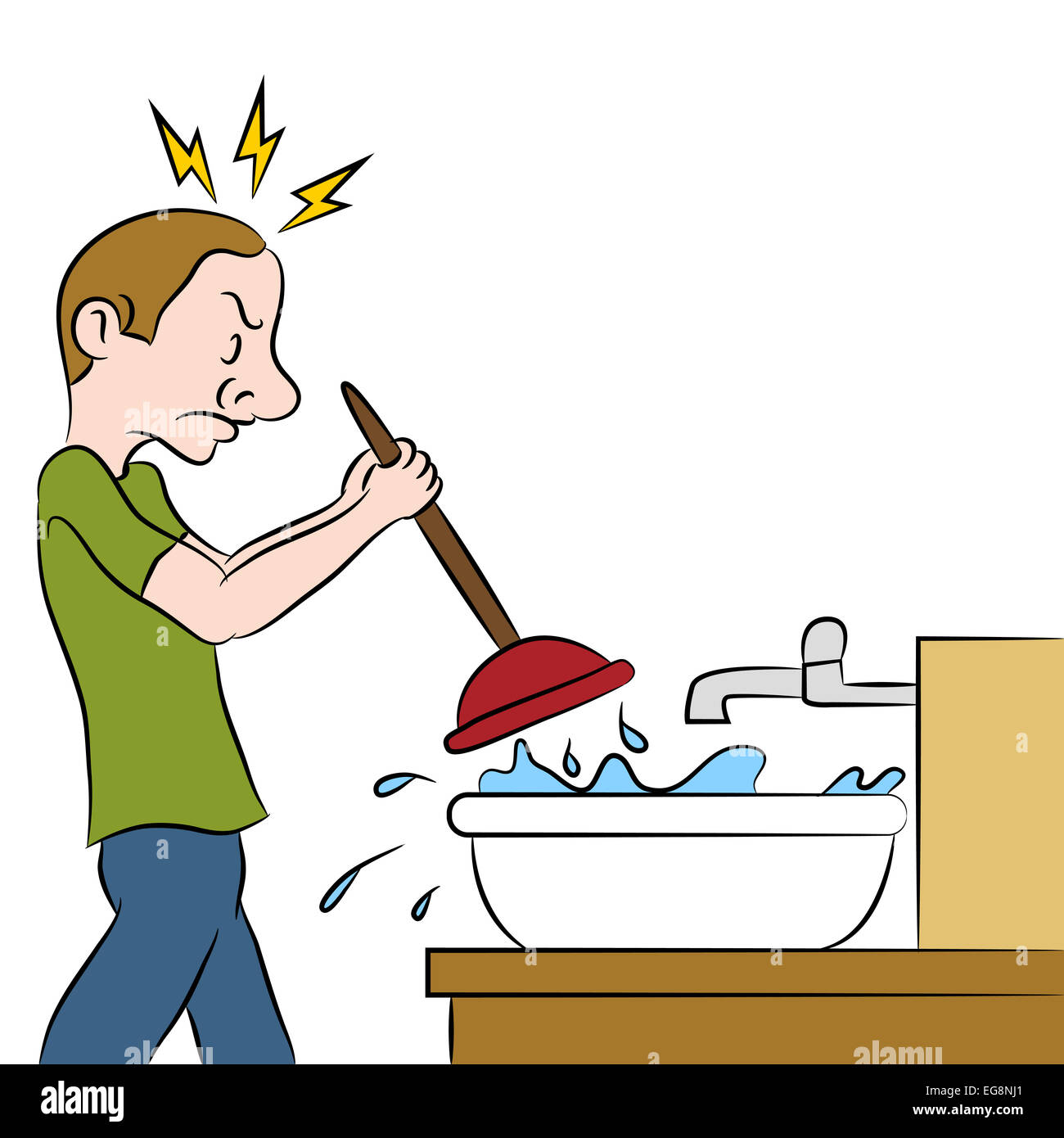 An image of a man using a plunger on clogged sink Stock Photo - Alamy