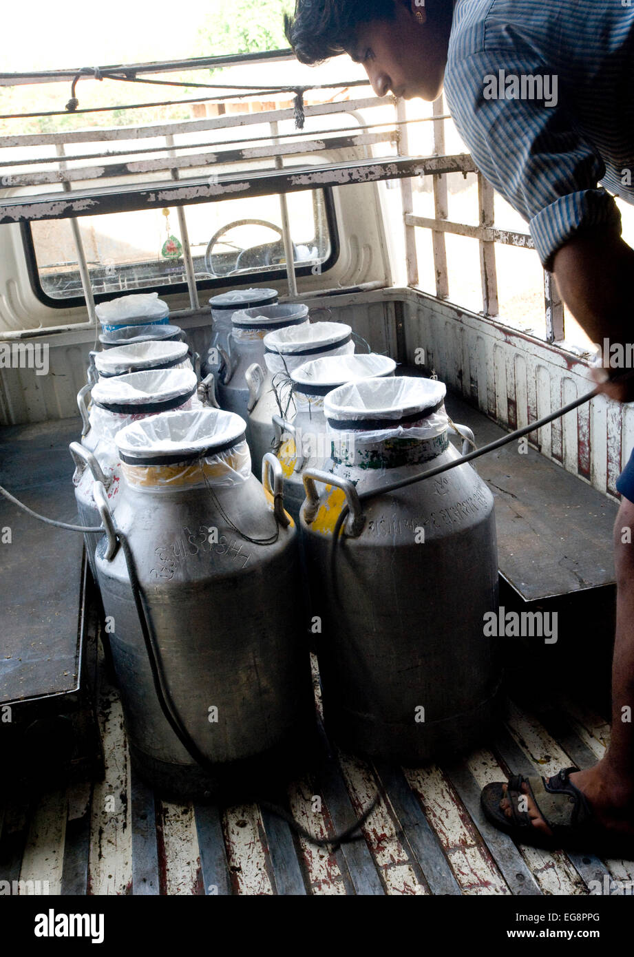 The milk churn is carried to transporter vehicle milk is bought direct ...