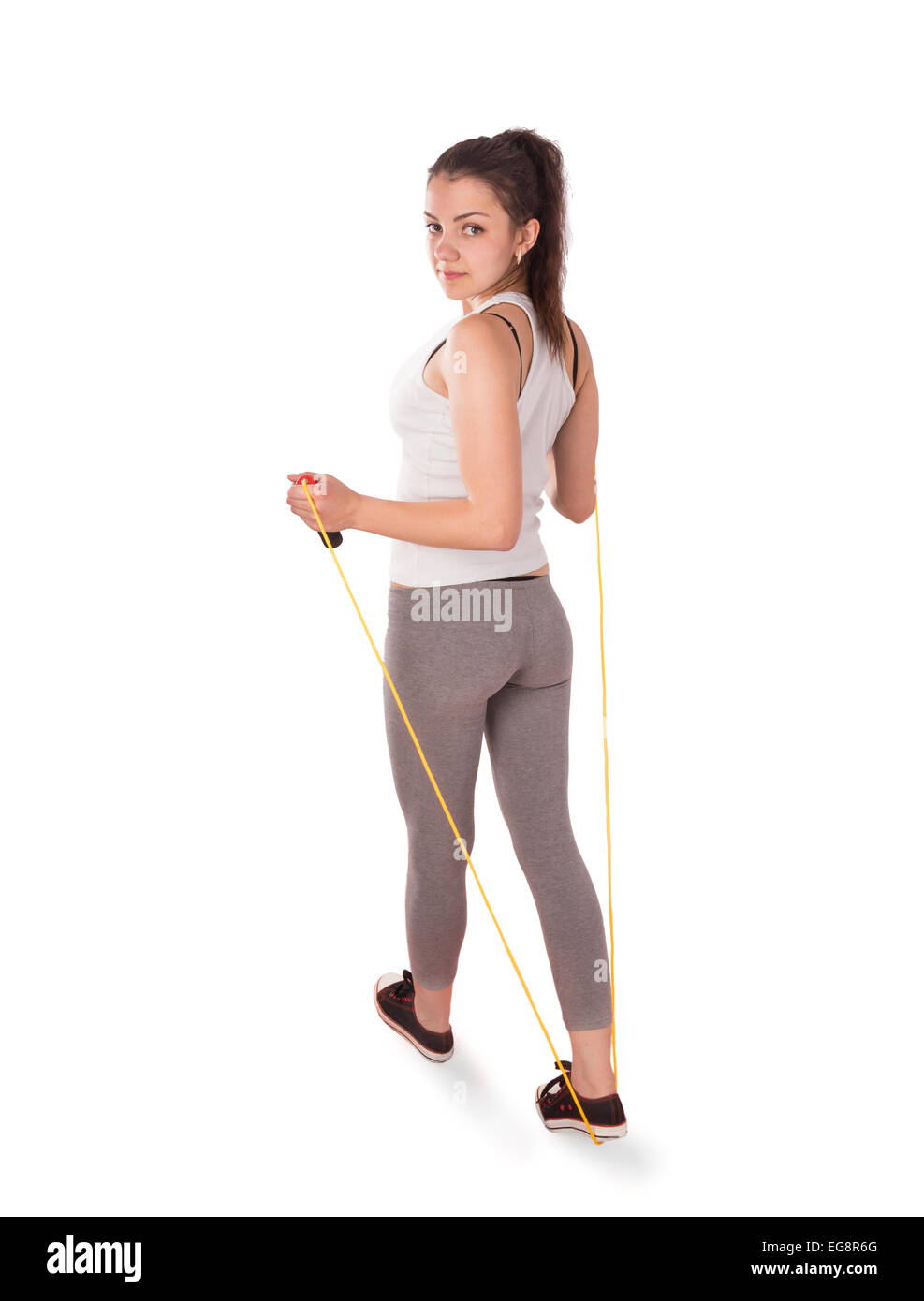 woman aerobics rope isolated on white background Stock Photo - Alamy