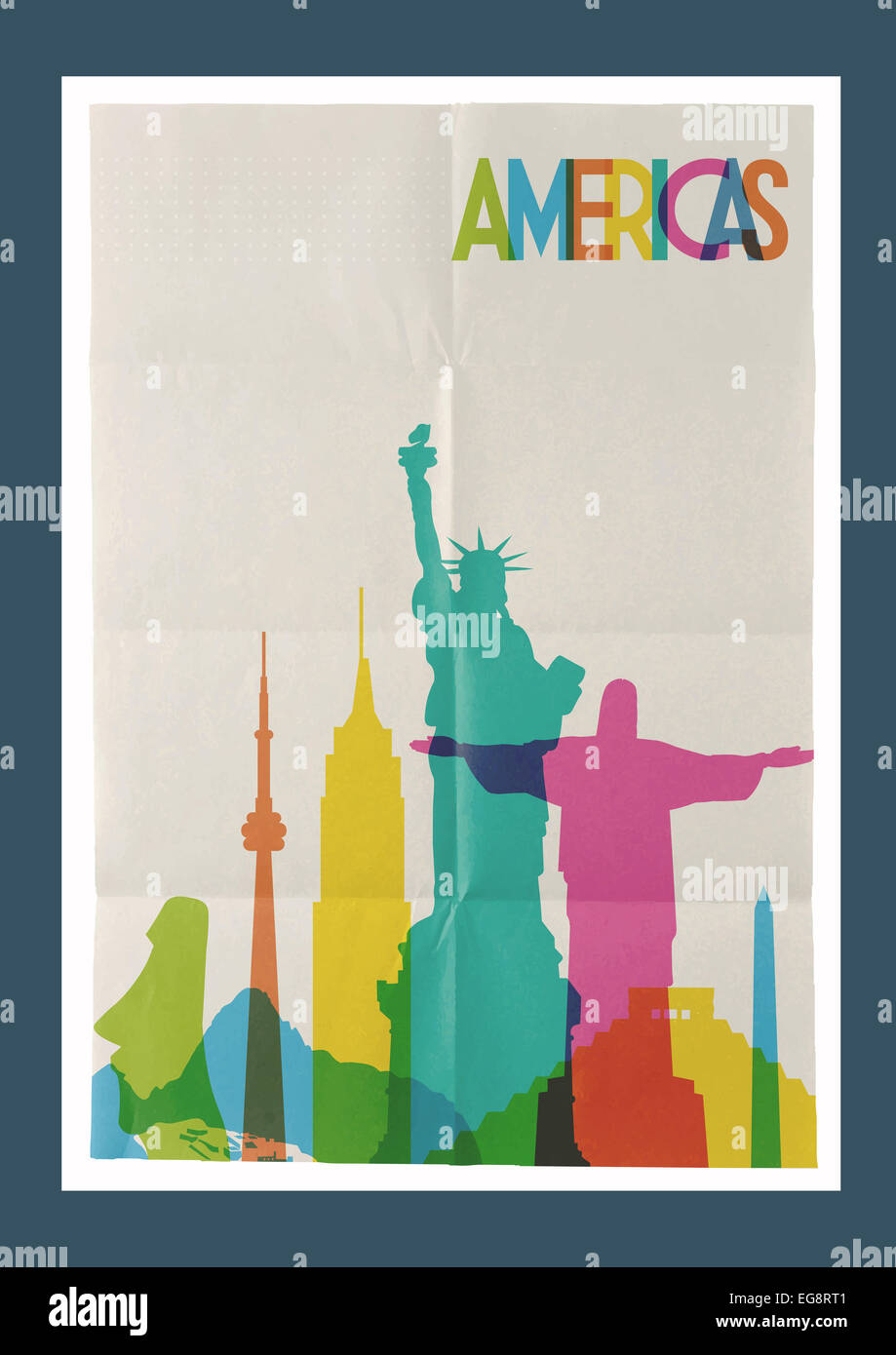Travel The Americas famous landmarks skyline on vintage paper poster ...