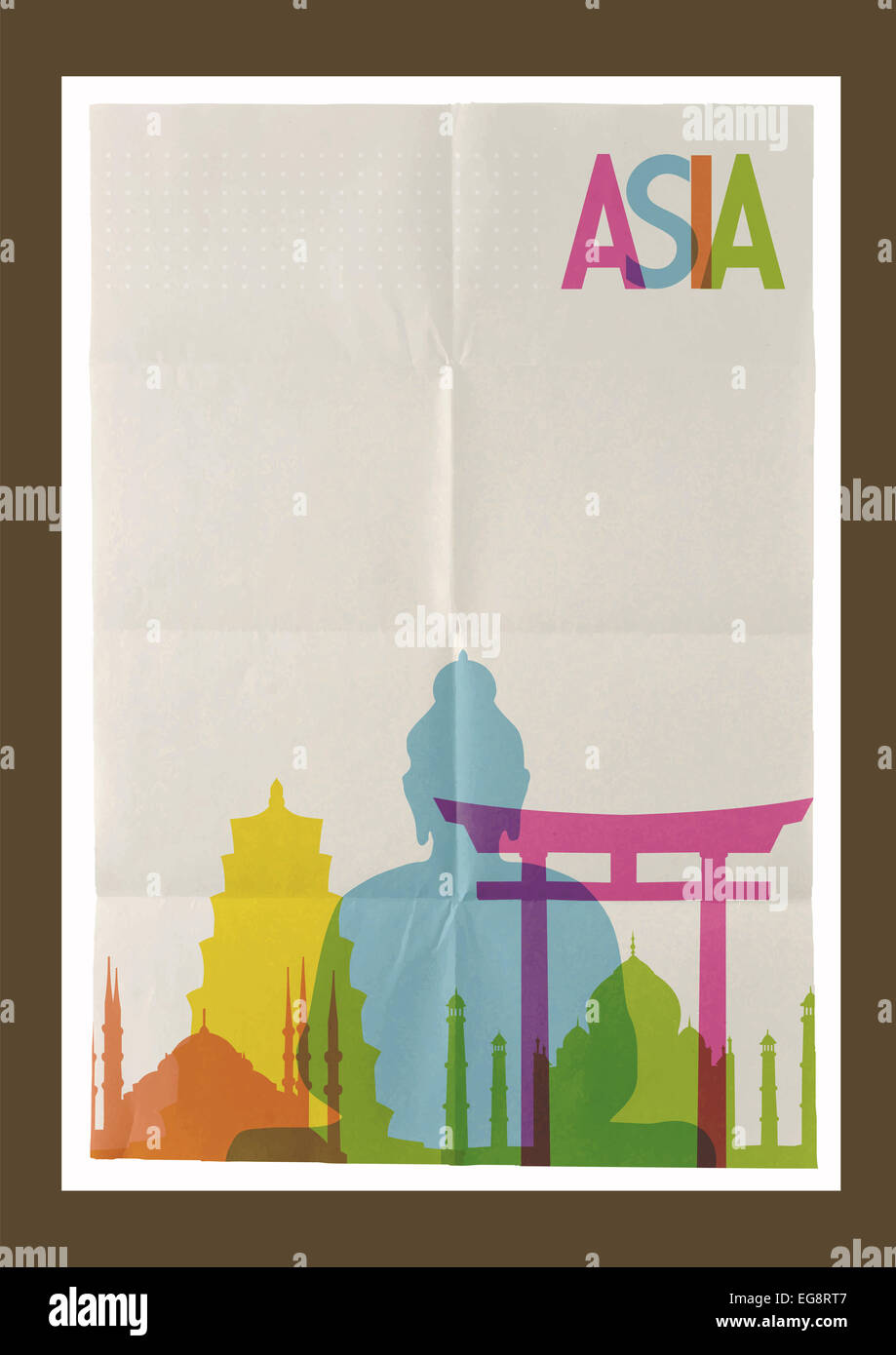 Travel Asia famous landmarks skyline on vintage paper sheet design ...