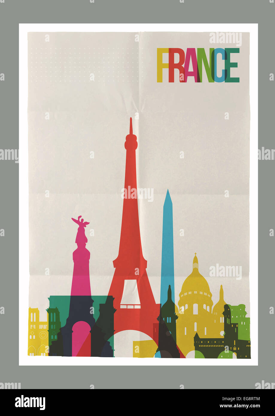 Travel France famous landmarks skyline on vintage paper sheet poster ...