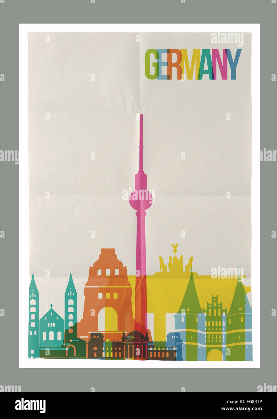 Travel Germany famous landmarks skyline on vintage paper sheet poster ...