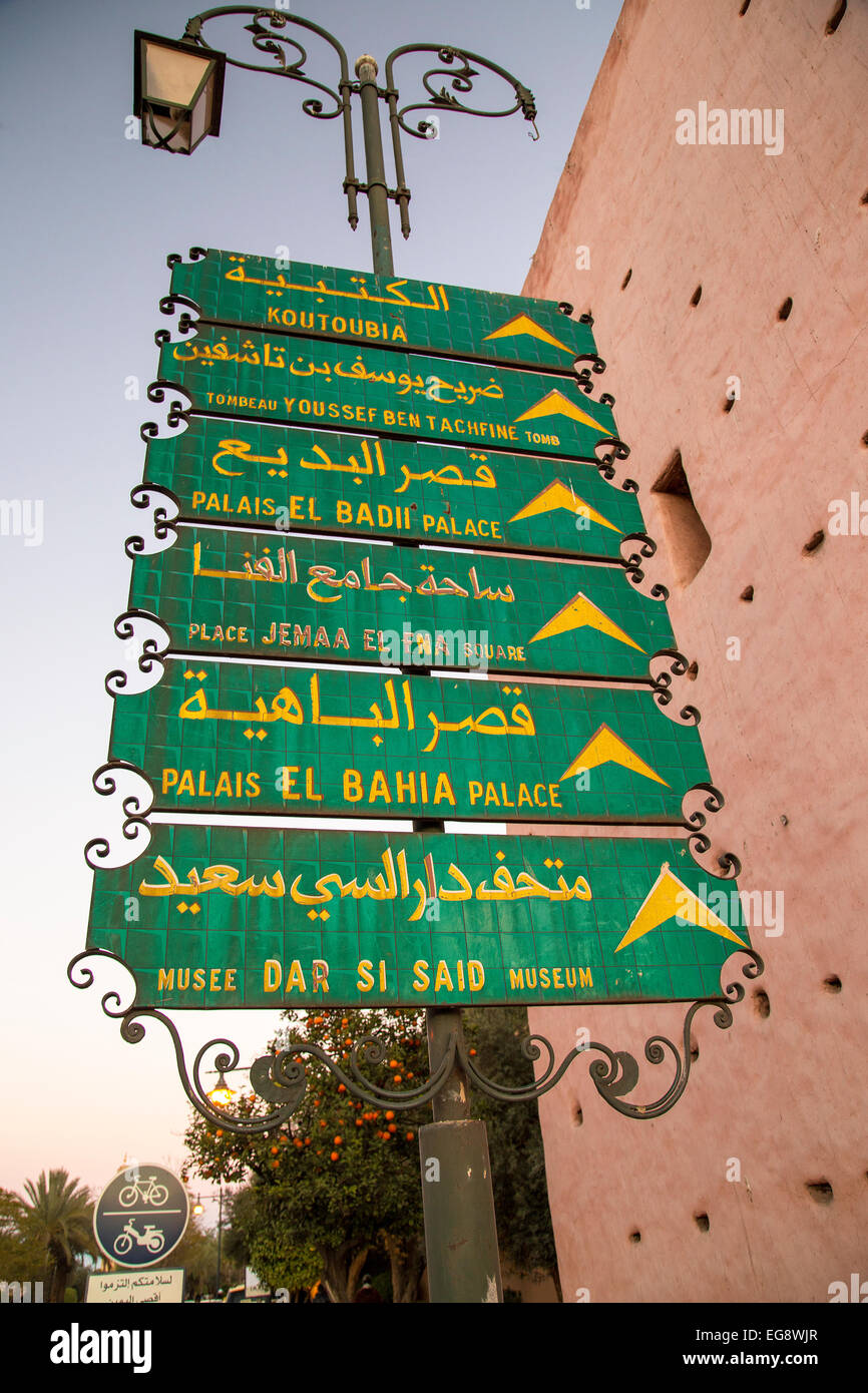 Marrakech road sign showing the main sights and major attractions in ...
