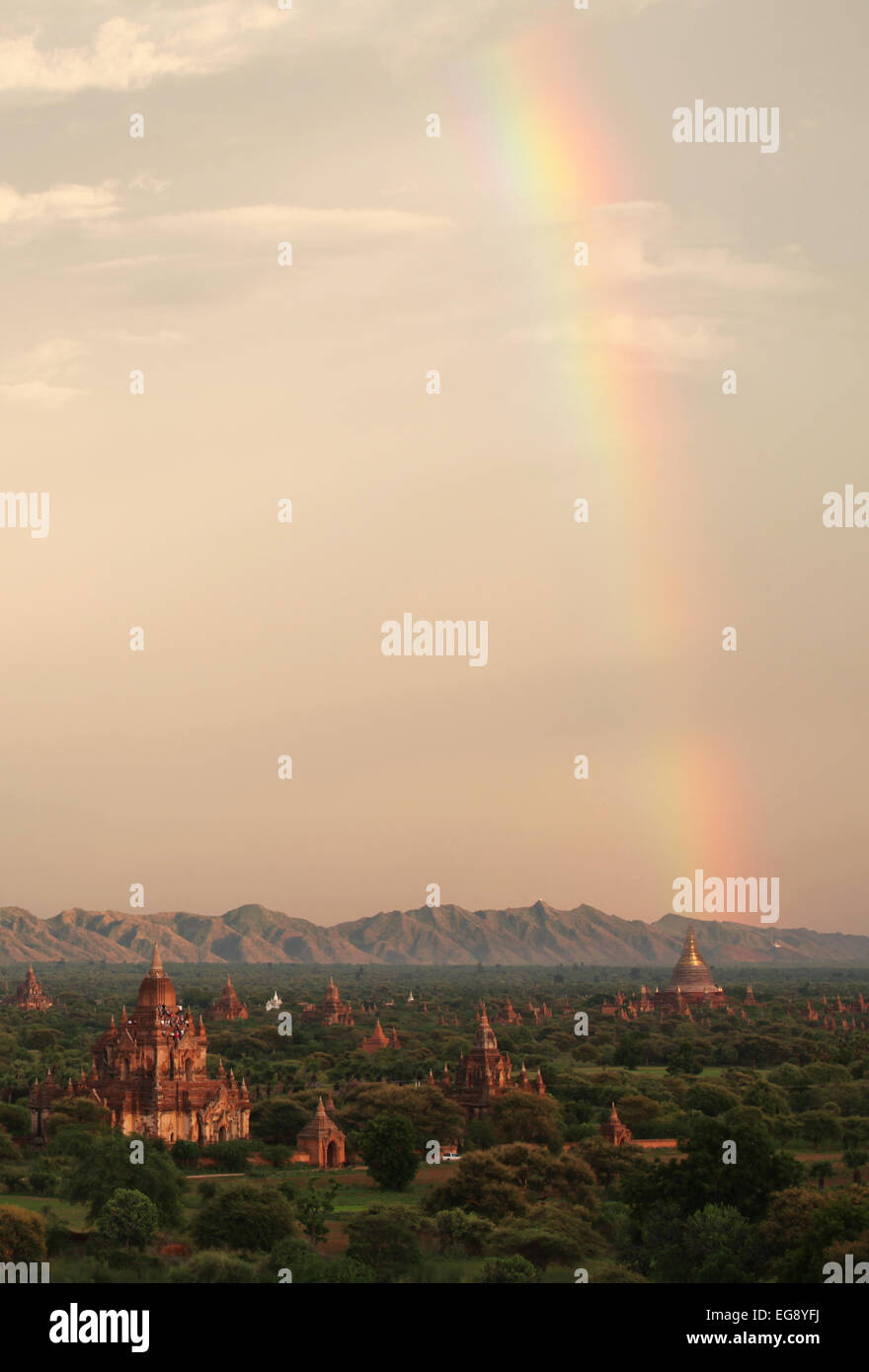 Rainbow over Bagan Temples, Myanmar, from Shwe san daw Pagoda Stock ...