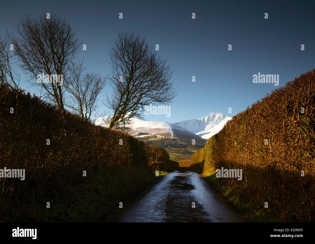 View of the Brecon Beacons under snow, in Wales along a small country ...