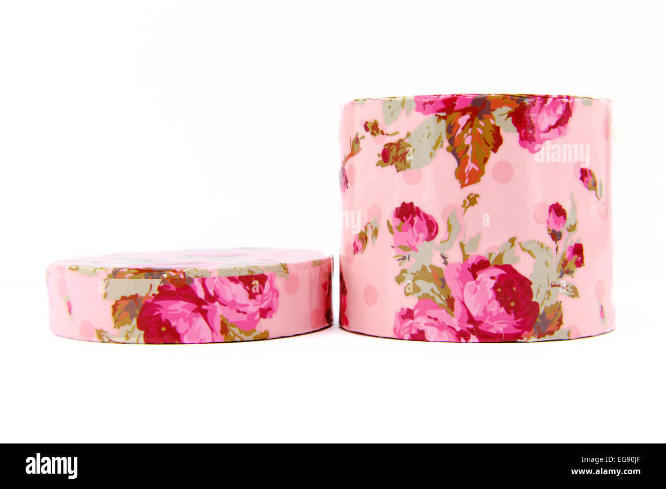 round pink with roses gift box on a white background Stock Photo - Alamy