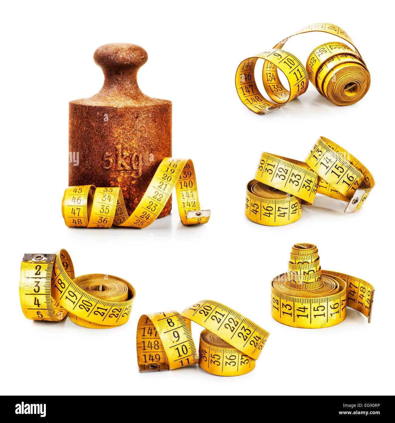 Old rusty weight and tape measure collection isolated on white ...