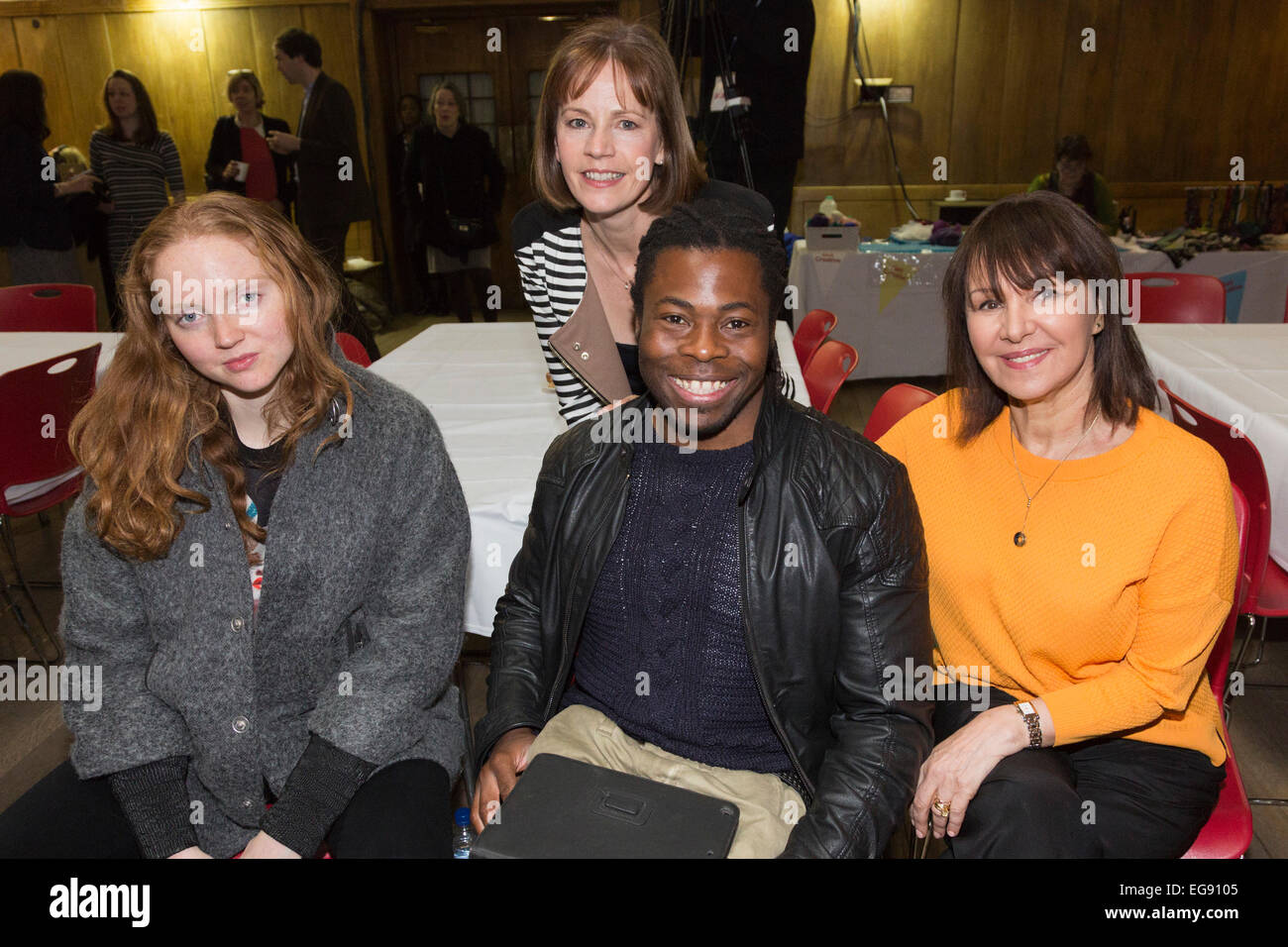 London, UK. 19 February 2015. L-R: Lily Cole, Deborah Ball, Ade ...