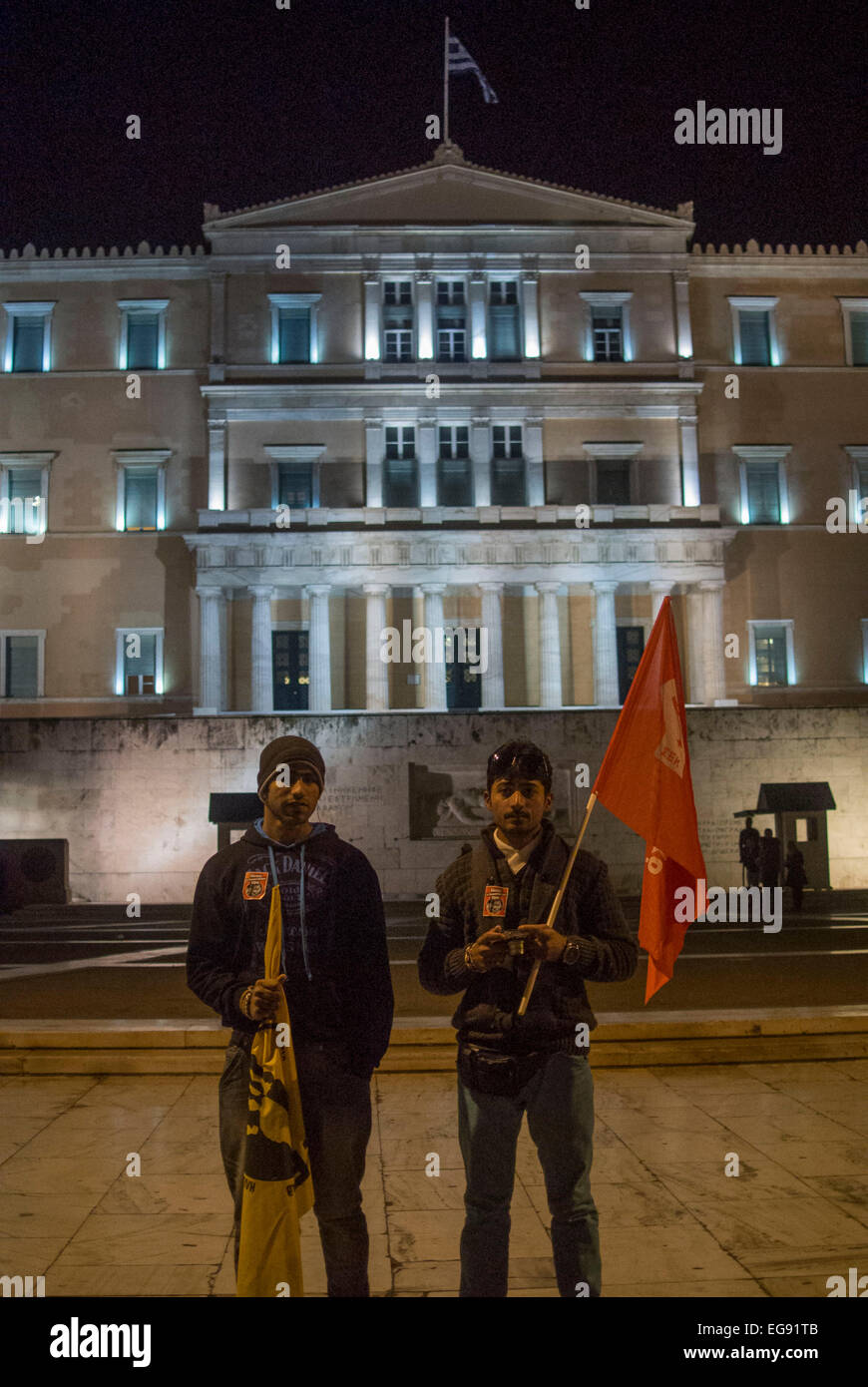 Demonstrators pose in front of the Greek parliament. Greek anti-fascist ...