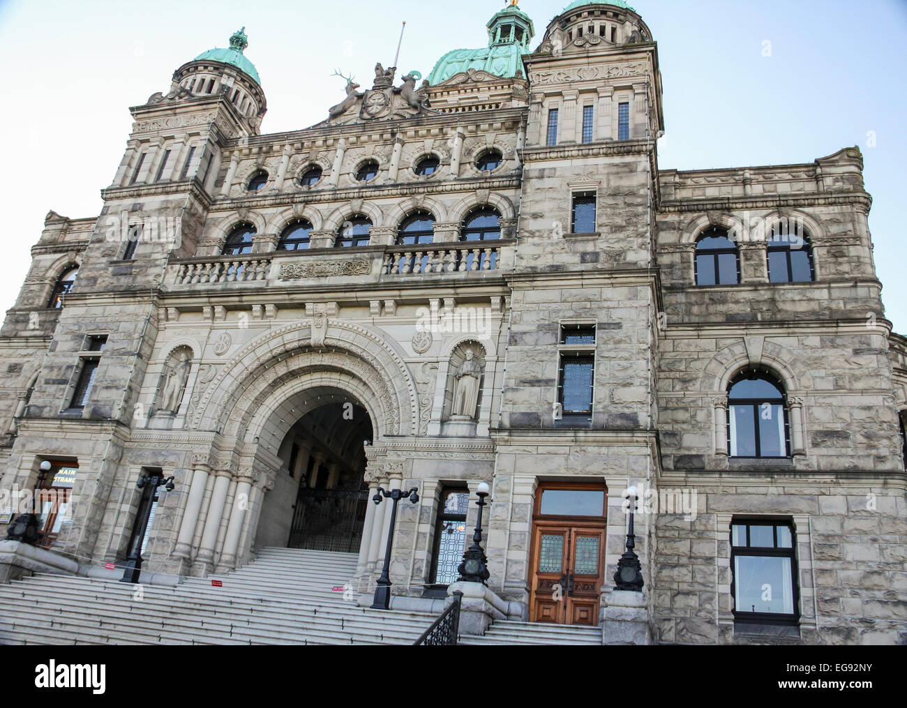 Looking up at historic British Columbia legislative buildings in ...